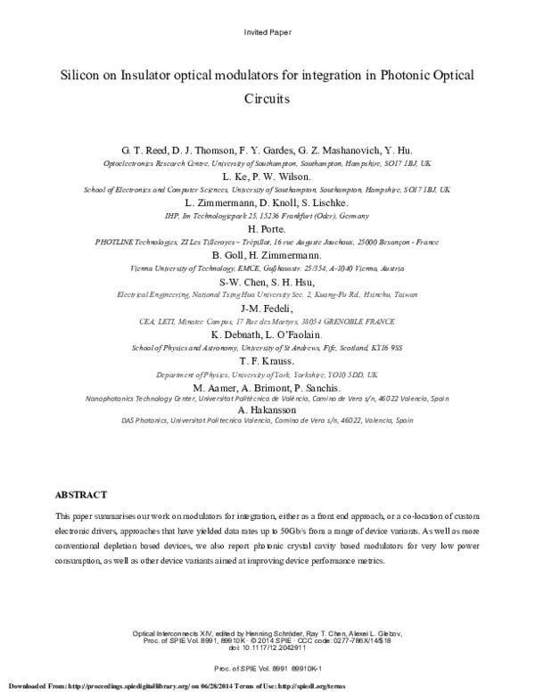 (PDF) Silicon on insulator optical modulators for integration in photonic optical circuits