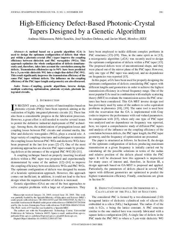 Pdf High Efficiency Defect Based Photonic Crystal Tapers Designed By A Genetic Algorithm 5002
