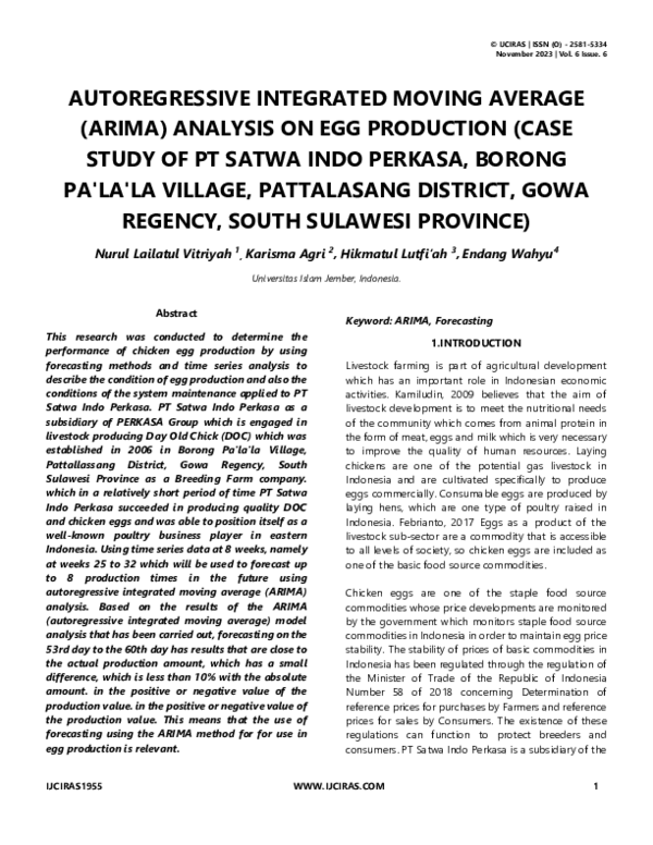 (PDF) AUTOREGRESSIVE INTEGRATED MOVING AVERAGE (ARIMA) ANALYSIS ON EGG PRODUCTION (CASE STUDY OF ...