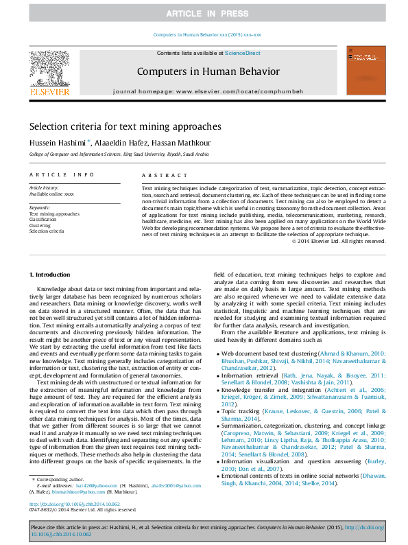 Pdf Selection Criteria For Text Mining Approaches Aladdin Hafez