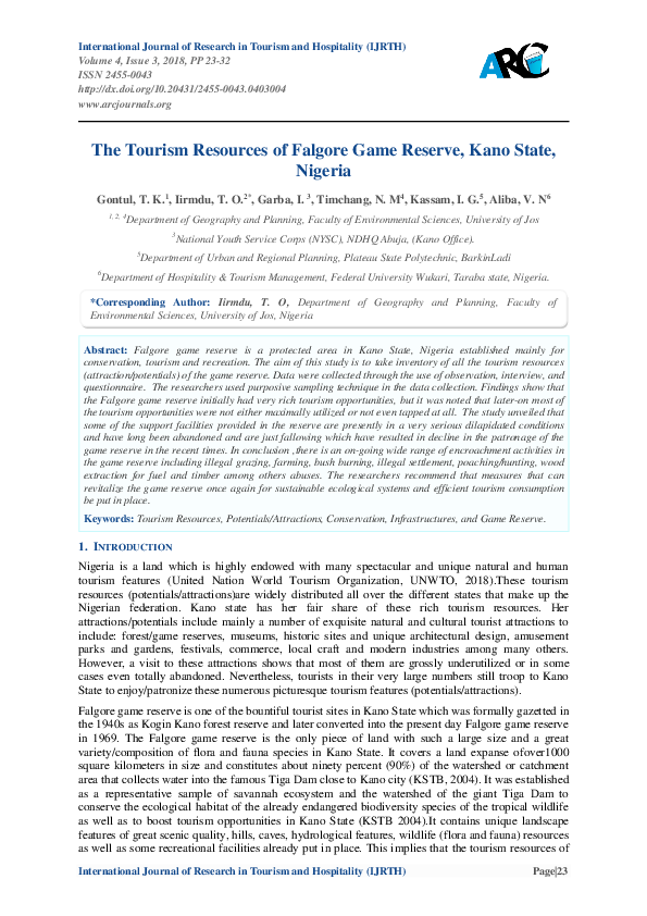 (PDF) The Tourism Resources of Falgore Game Reserve, Kano State, Nigeria