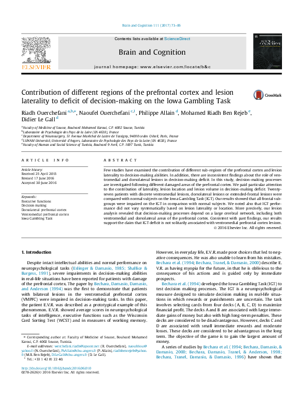 (PDF) Contribution of different regions of the prefrontal cortex and ...