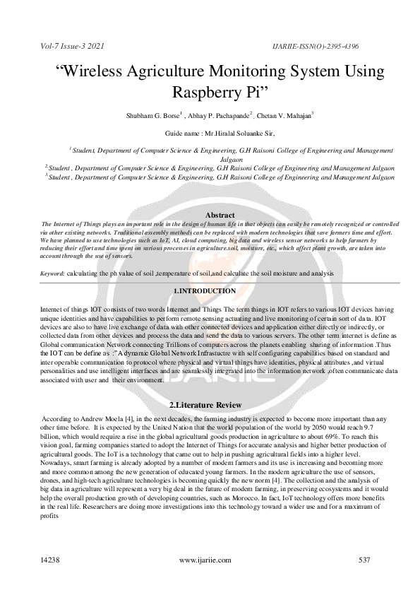 (PDF) Wireless Agriculture Monitoring System Using Raspberry Pi