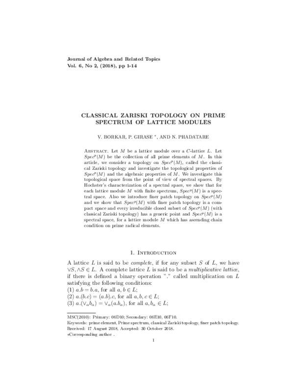 (PDF) Classical Zariski Topology on Prime Spectrum of Lattice Modules | Pradip Girase - Academia.edu