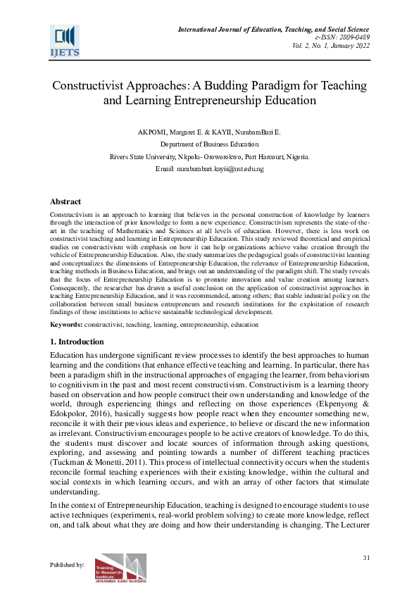 (PDF) Constructivist Approaches: A Budding Paradigm for Teaching and Learning Entrepreneurship ...
