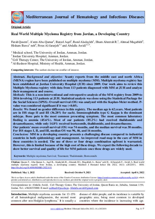 (PDF) Real World Multiple Myeloma Registry from Jordan, a Developing ...