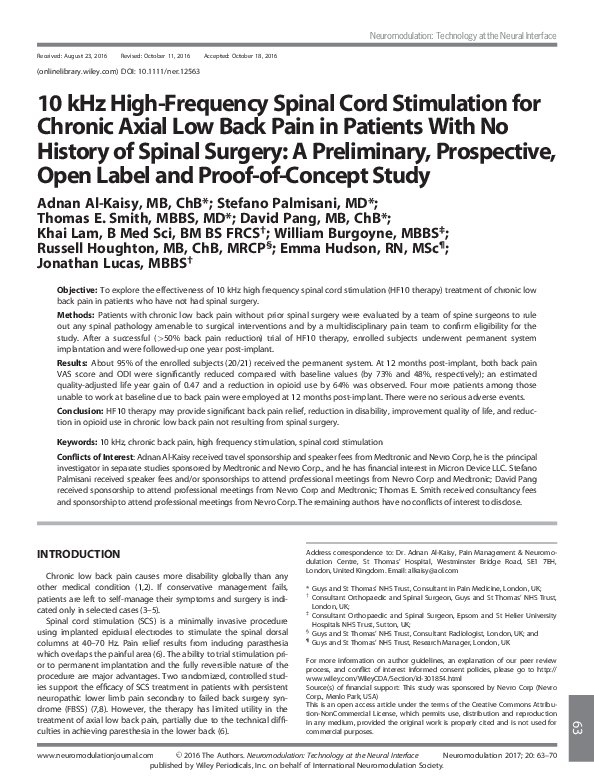(PDF) 10 kHz High-Frequency Spinal Cord Stimulation for Chronic Axial ...