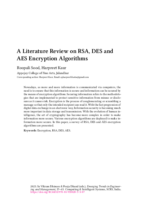 (PDF) A Literature Review on RSA, DES and AES Encryption Algorithms