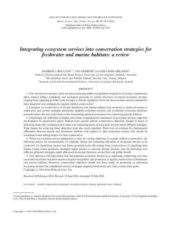 (PDF) Integrating ecosystem services into conservation strategies for freshwater and marine ...