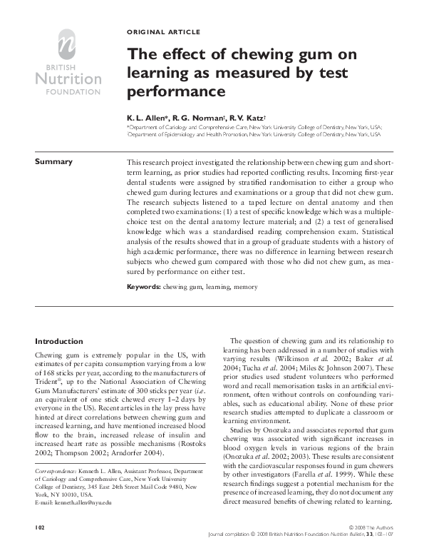 (PDF) The effect of chewing gum on learning as measured by test performance