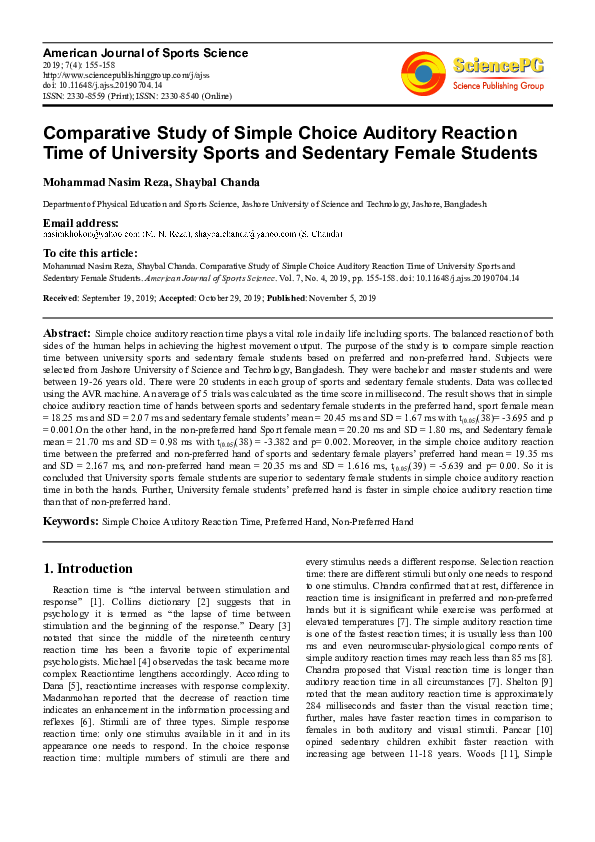 (PDF) Comparative Study of Simple Choice Auditory Reaction Time of ...