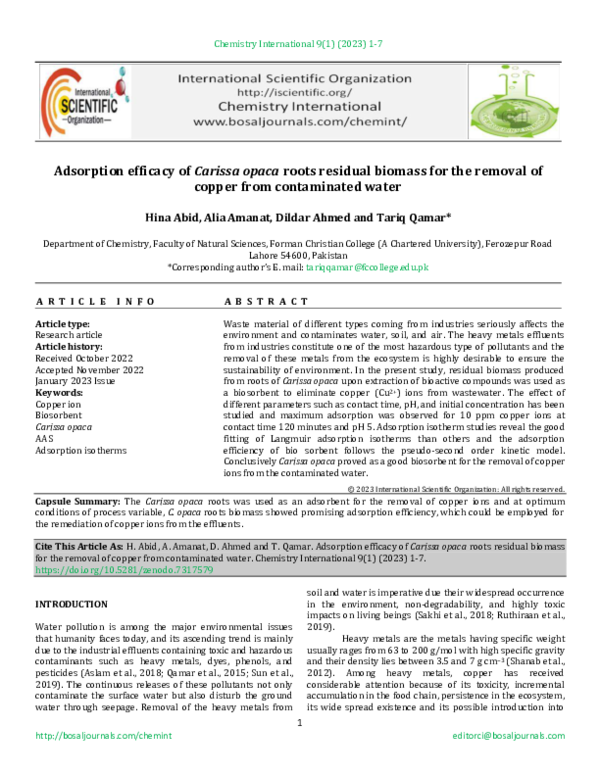 (PDF) Adsorption efficacy of Carissa opaca roots residual biomass for ...