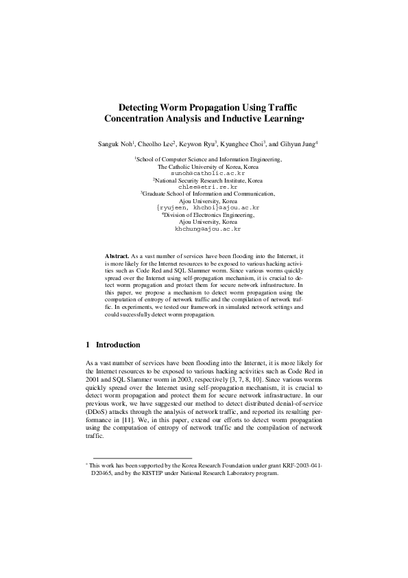 Pdf Detecting Worm Propagation Using Traffic Concentration Analysis And Inductive Learning