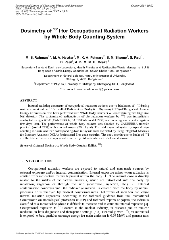 (PDF) Dosimetry of 131I for Occupational Radiation Workers by Whole ...