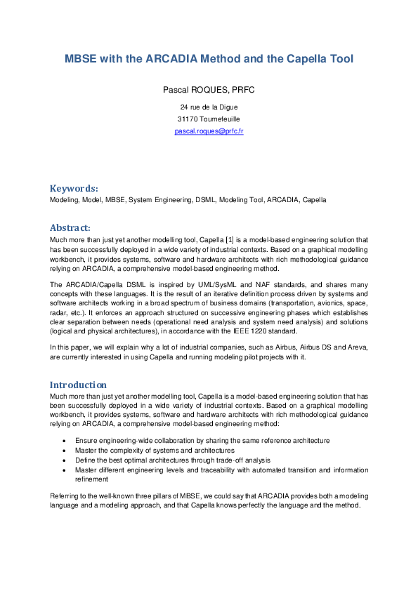 (PDF) MBSE with the ARCADIA Method and the Capella Tool