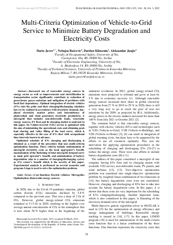 Pdf Multi Criteria Optimization Of Vehicle To Grid Service To