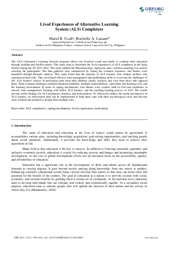 (PDF) Lived Experiences of Alternative Learning System (ALS) Completers