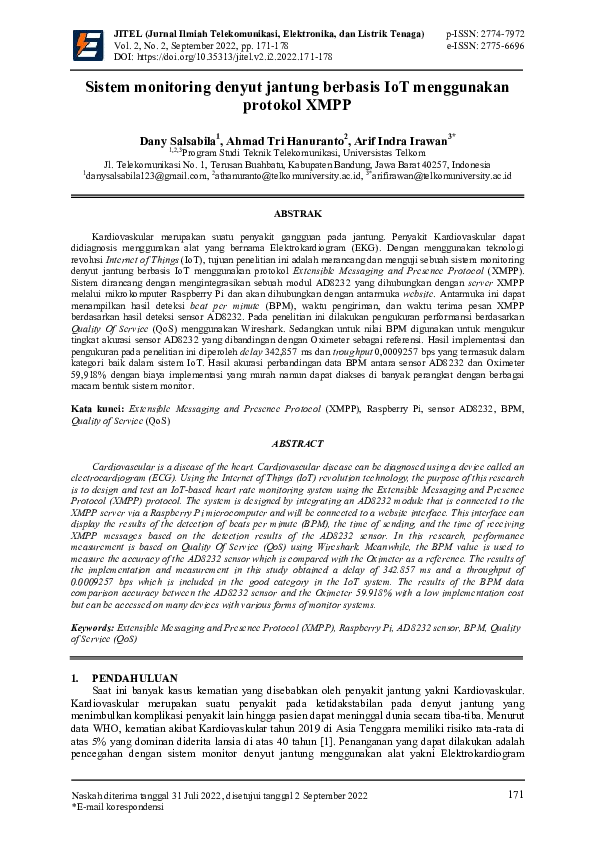 (PDF) Sistem monitoring denyut jantung berbasis IoT menggunakan protokol XMPP