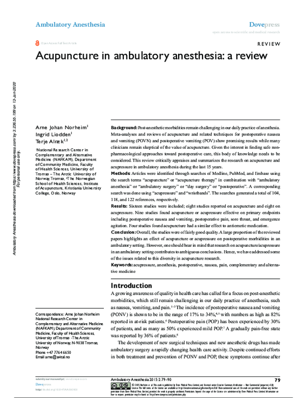 (PDF) Acupuncture in ambulatory anesthesia: a review