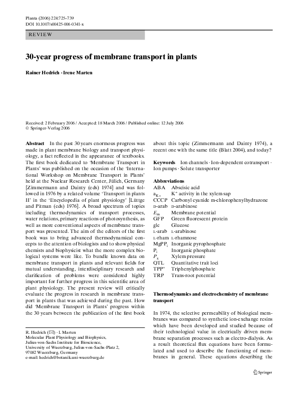 (PDF) 30-YEAR Progress of Membrane Transport in Plants
