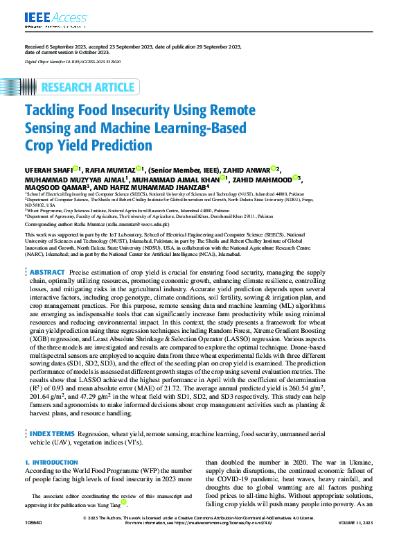 (PDF) Tackling Food Insecurity Using Remote Sensing and Machine Learning-Based Crop Yield Prediction