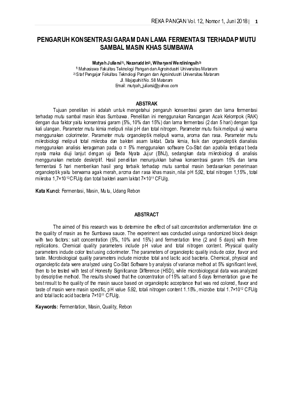 (PDF) Pengaruh Konsentrasi Garam Dan Lama Fermentasi Terhadap Mutu ...