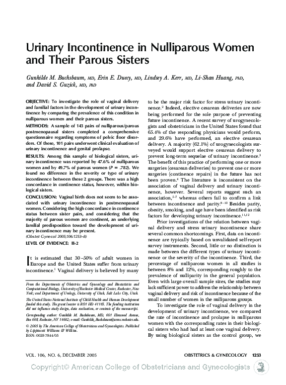 (PDF) Urinary Incontinence in Nulliparous Women and Their Parous Sisters