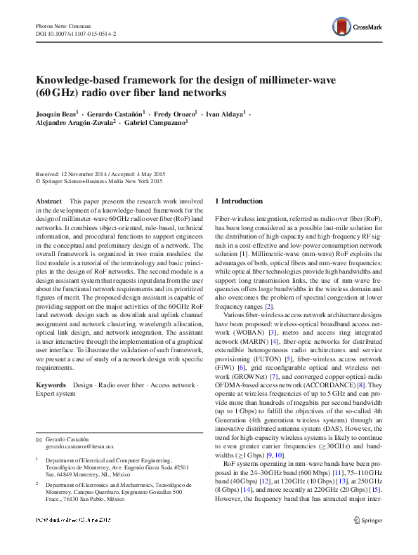 (PDF) Knowledge-based framework for the design of millimeter-wave (60 GHz) radio over fiber land ...