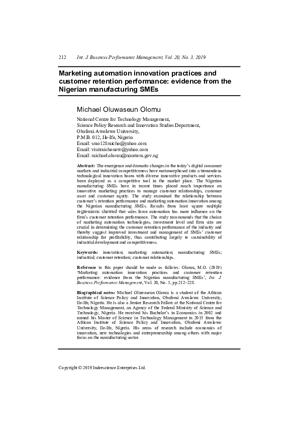 (PDF) Marketing automation innovation practices and customer retention performance: evidence ...
