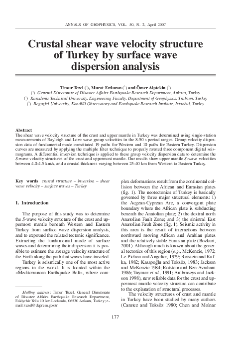 (PDF) Crustal shear wave velocity structure of Turkey by surface wave dispersion analysis