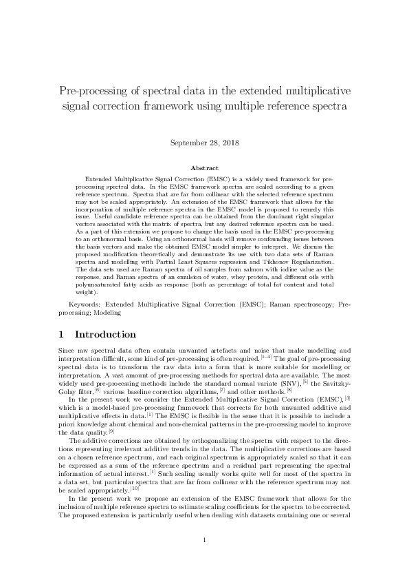 (PDF) Preprocessing of spectral data in the extended multiplicative signal correction framework ...
