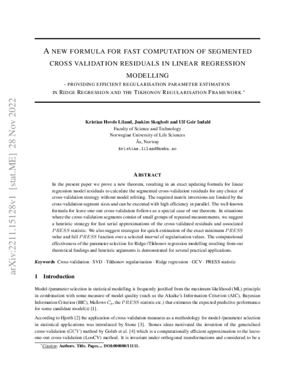 Pdf A New Formula For Fast Computation Of Segmented Cross Validation