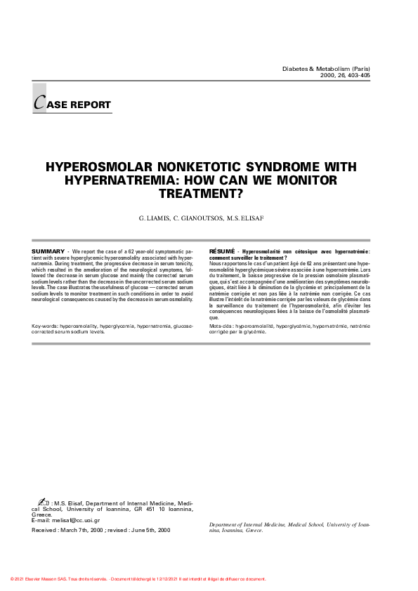 (PDF) Hyperosmolar nonketotic syndrome with hypernatremia: how can we ...