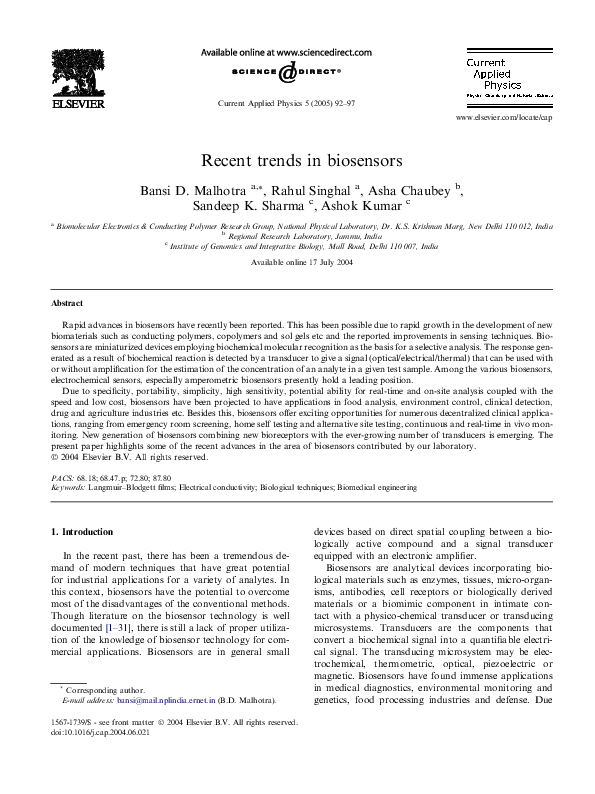Pdf Recent Trends In Biosensors