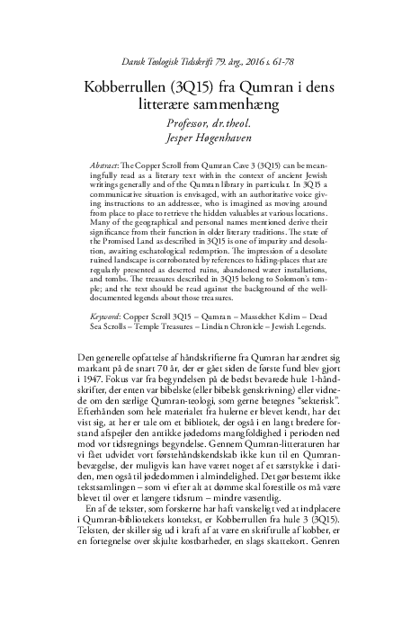 (PDF) Kobberrullen (3Q15) fra Qumran i dens litterære sammenhæng