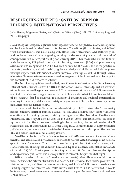 (PDF) Researching the recognition of prior learning : international perspectives