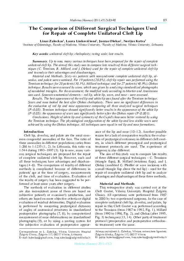 (PDF) The Comparison of Different Surgical Techniques Used for Repair of Complete Unilateral ...