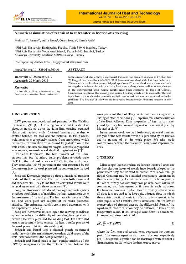 Pdf Numerical Simulation Of Transient Heat Transfer In Friction Stir Welding