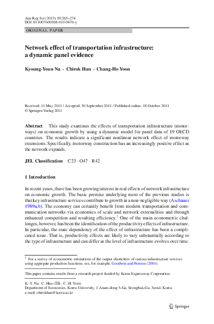 (PDF) Network effect of transportation infrastructure: a dynamic panel ...