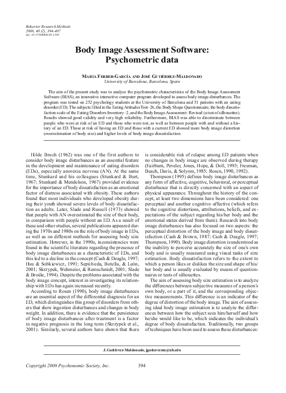 (PDF) Body Image Assessment Software: Psychometric data