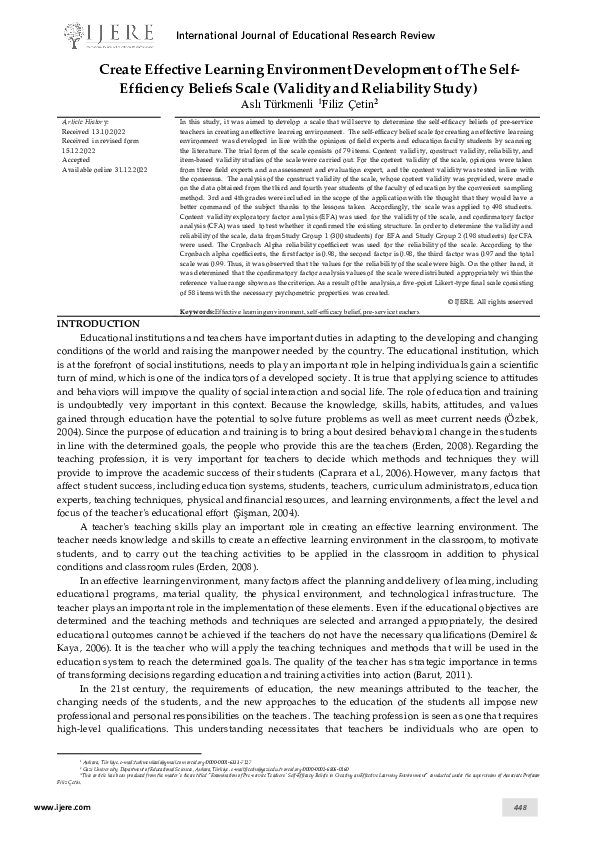 (PDF) Create Effective Learning Environment Development of the Self-Efficiency Beliefs Scale ...