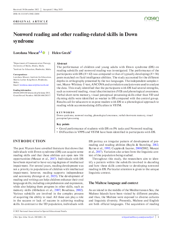 (PDF) Nonword reading and other reading‐related skills in Down syndrome