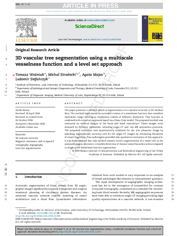 (PDF) 3D vascular tree segmentation using a multiscale vesselness function and a level set approach