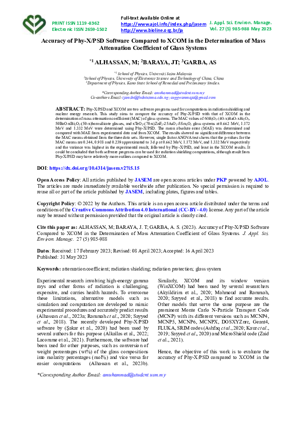 (PDF) Accuracy of Phy-X/PSD Software Compared to XCOM in the Determination of Mass Attenuation ...
