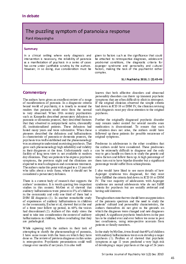 (PDF) The puzzling symptom of paranoia: a response