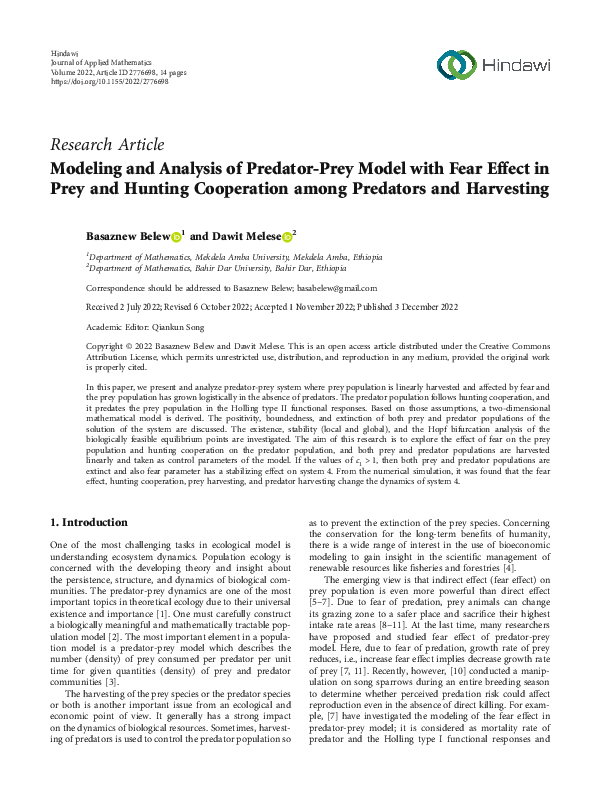 (PDF) Modeling and Analysis of Predator-Prey Model with Fear Effect in Prey and Hunting ...