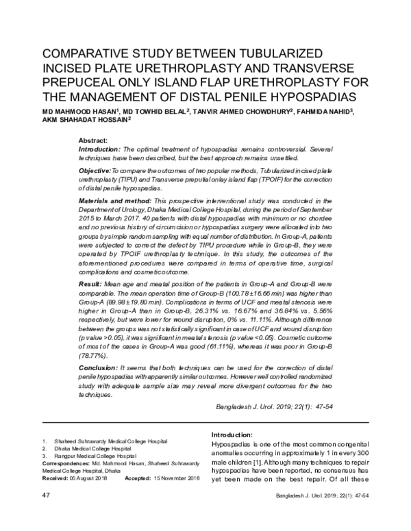 (PDF) Comparative Study Between Tubularized Incised Plate Urethroplasty and Transverse Prepuceal ...