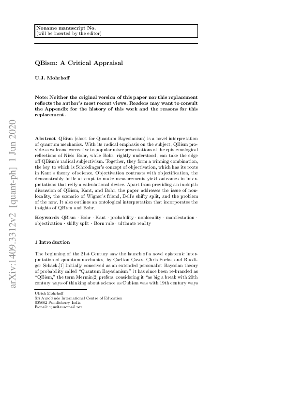 (PDF) QBism: A Critical Appraisal