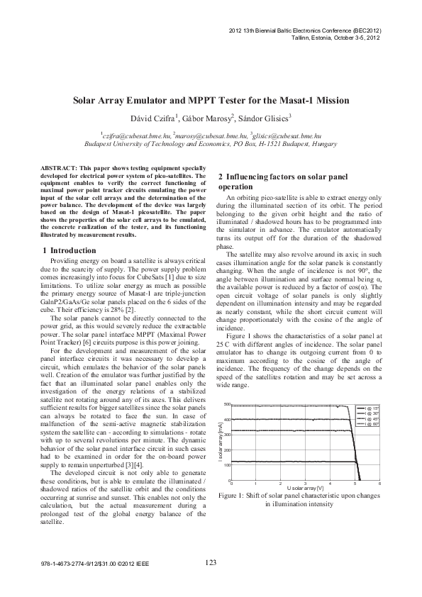(PDF) Solar array emulator and MPPT tester for the Masat-1 mission