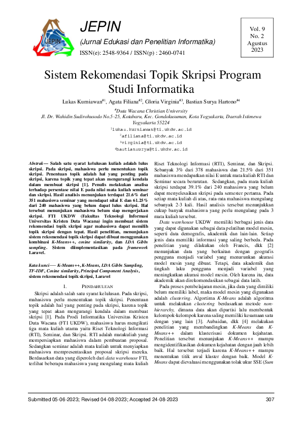 (PDF) Sistem Rekomendasi Topik Skripsi Program Studi Informatika
